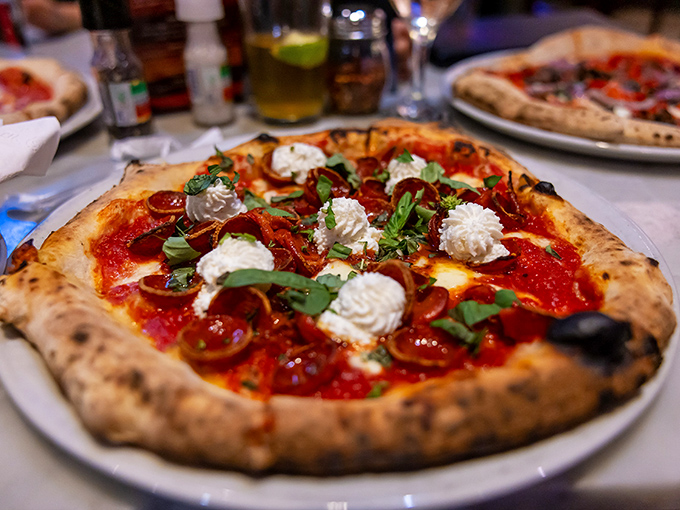 Pizza perfection isn't just about taste—it's visual poetry. Those dollops of fresh cheese and that perfectly charred crust speak fluent Italian.