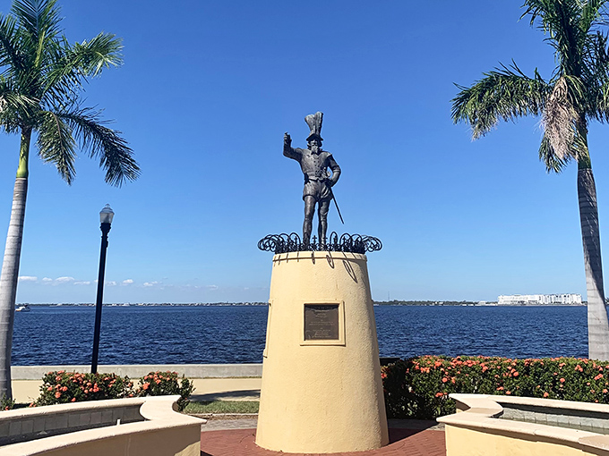 This statue overlooks waters Ponce de León himself might recognize, though he probably wasn't greeted with such spectacular harbor views and convenient park benches.