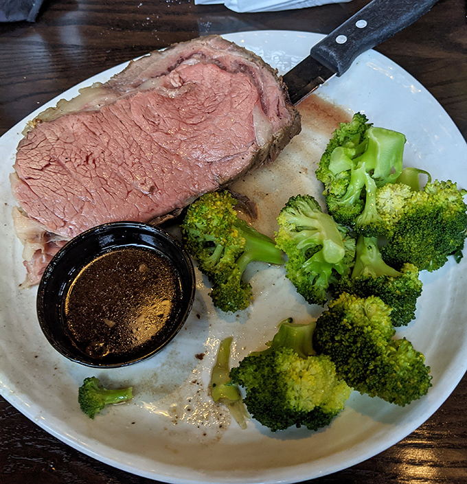 Prime rib perfection – a rosy medium-rare masterpiece that doesn't need fancy tricks, just quality beef and impeccable timing.
