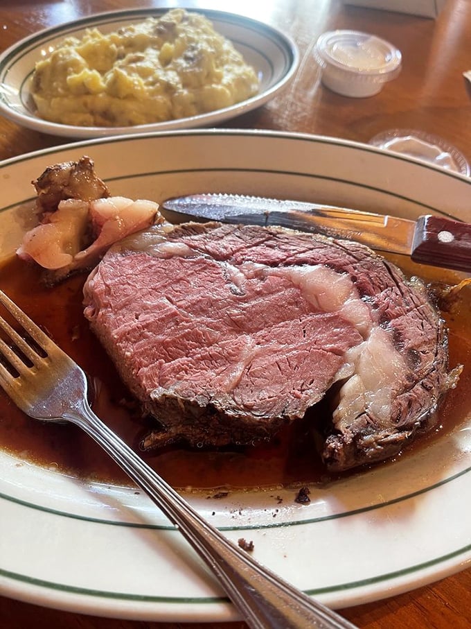 This isn't just prime rib—it's a masterclass in meat. Perfectly pink, juicy, and accompanied by sides that know their supporting role.