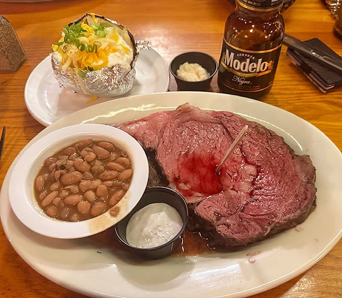 Prime rib so perfectly pink it should be framed in a museum. That horseradish cream on the side isn't optional – it's essential artwork for your palate.