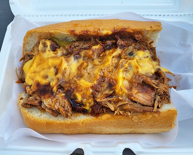 Pulled pork drowning in melted cheese—a beautiful disaster you'll happily clean up with every bite. Napkins required, regrets impossible.