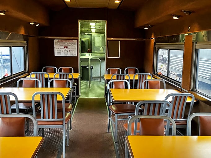 Dining car elegance from a bygone era – when meals came with white tablecloths instead of drive-thru windows.