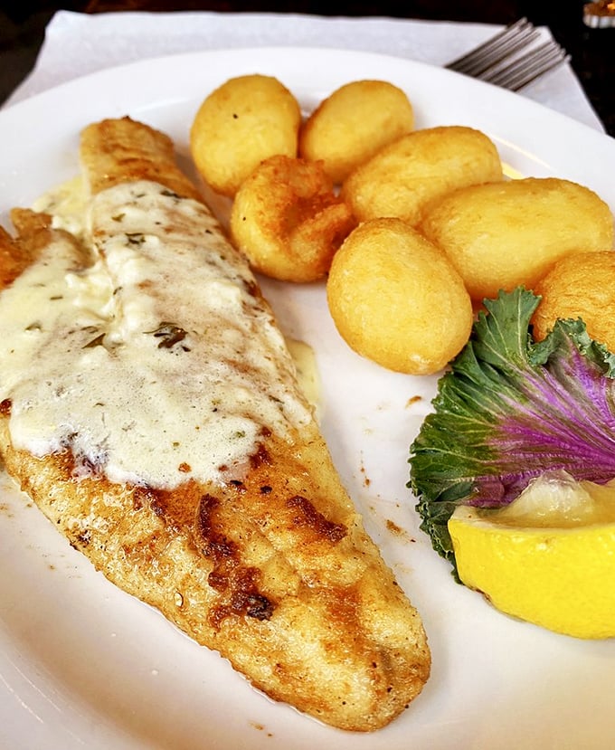 Behold the star of the show: sautéed walleye with golden potato puffs. That fish has a tan better than anything I achieved all summer.