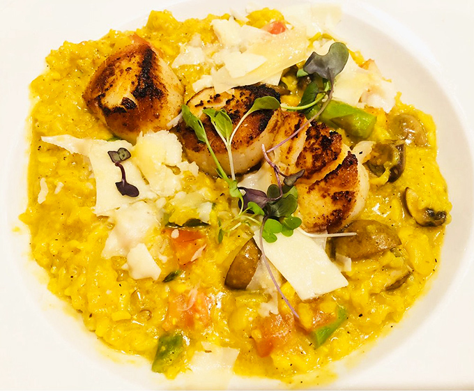 Saffron-kissed risotto cradles perfectly seared scallops like precious jewels. The microgreens aren't just garnish—they're the exclamation point on a bold statement.