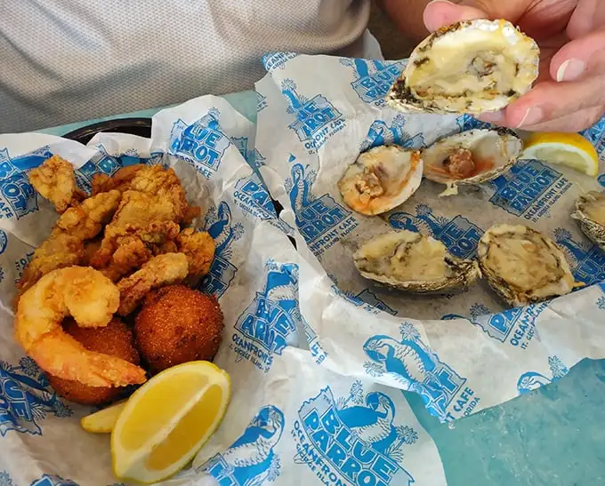 Golden-fried treasures from the sea alongside plump oysters. This basket isn't just food—it's Florida's greatest hits album on wax paper.