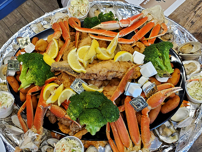 Seafood feasts don't get more spectacular than this – crab legs stretching toward the heavens like they're trying to escape their delicious fate.