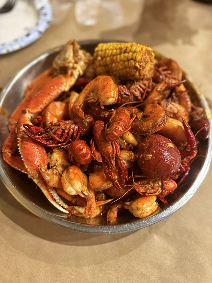 A glorious heap of red-spiced treasures from the deep – where crustaceans go to meet their delicious destiny.