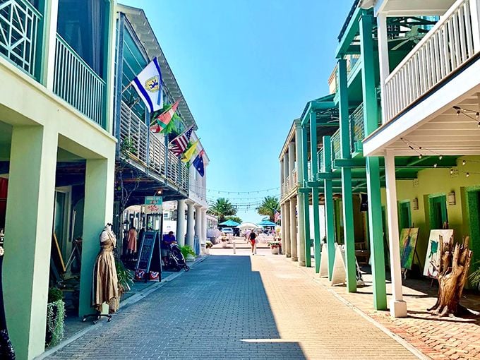 Strolling through Seaside's shopping district feels like wandering through a Wes Anderson film set—perfectly composed, colorful, and slightly whimsical.