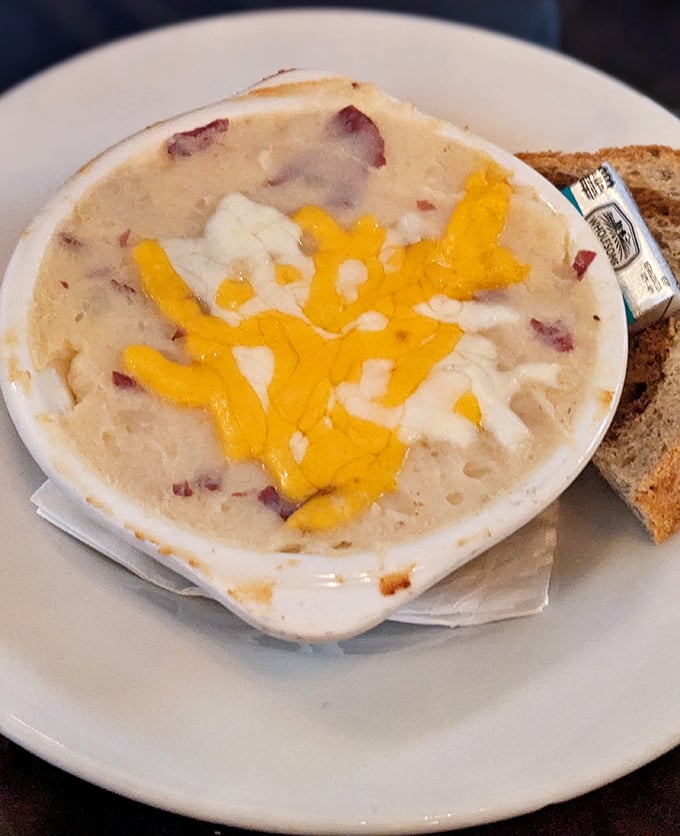 Comfort in a crock—this creamy potato soup topped with melted cheddar is like a warm hug from your Irish grandmother, if you had one.