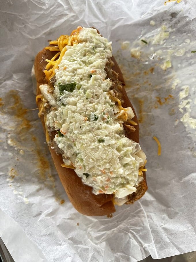 This slaw dog isn't just a meal, it's a Southern handshake – creamy coleslaw cascading over what lies beneath, a perfect harmony of textures.