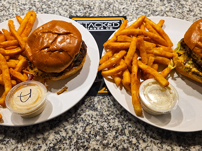 These aren't just burgers—they're architectural achievements. Golden-brown buns cradling perfectly seared patties with fries standing at attention alongside. 