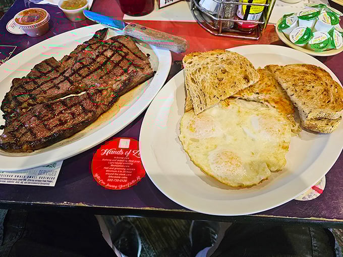 This isn't just steak and eggs—it's the breakfast equivalent of winning the lottery, with protein portions that could sustain a small hiking expedition.