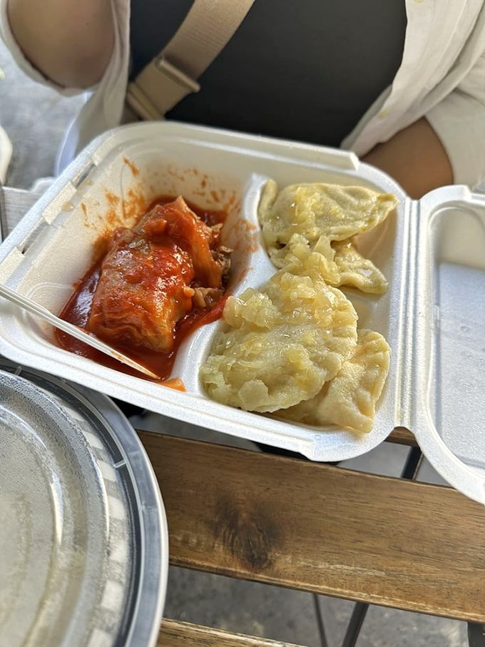 The perfect Polish power couple: tender stuffed cabbage swimming in tomato sauce alongside plump pierogies. Carb-counters beware—resistance is futile.