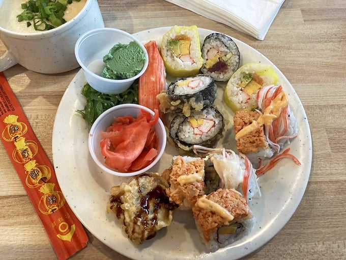 Sushi that doesn't play by the rules – colorful, creative rolls arranged with the kind of artistic flair that makes you hesitate before devouring them... but only for a second.