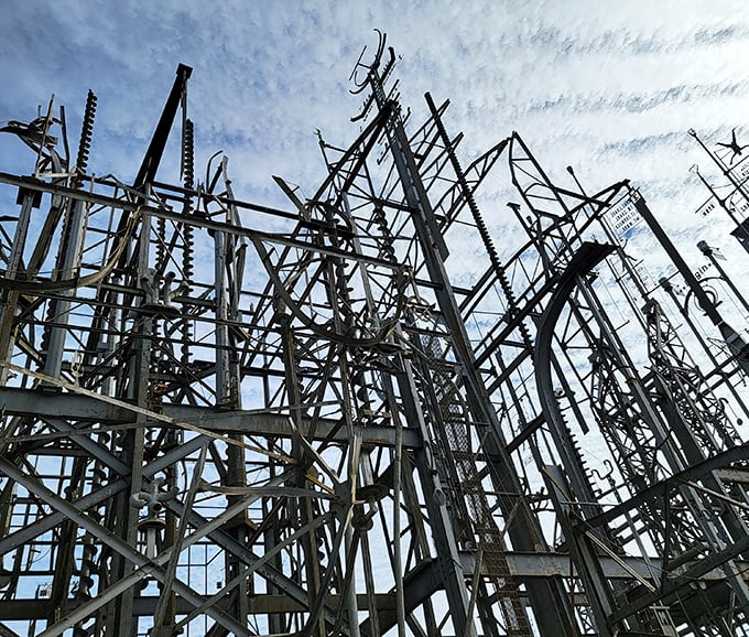 Looking up through the metal maze feels like peering into the architectural dreams of a particularly ambitious spider.