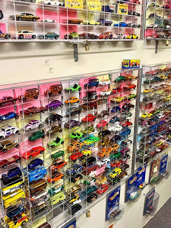 Hot Wheels paradise! Every car collector's dream—organized by color in a display that would make Marie Kondo weep with organizational joy.