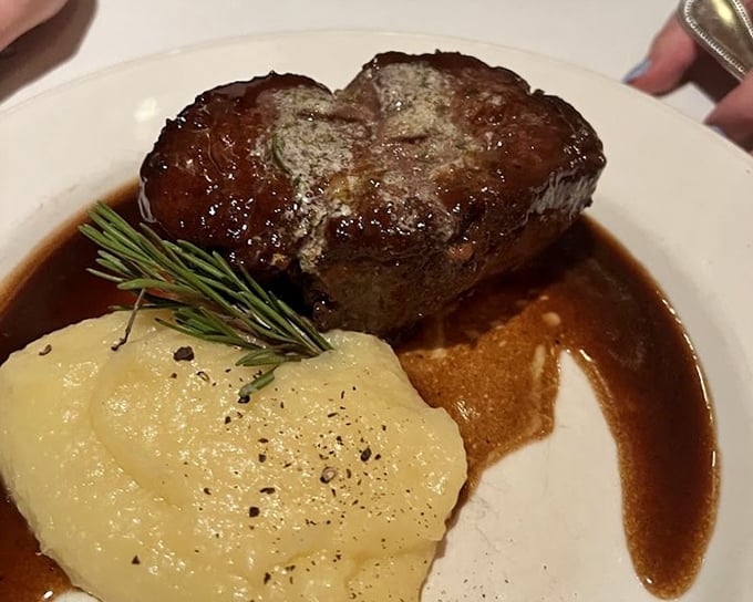 This filet isn't just dinner; it's a meditation on perfection. The mashed potatoes aren't playing supporting actor—they're co-starring.