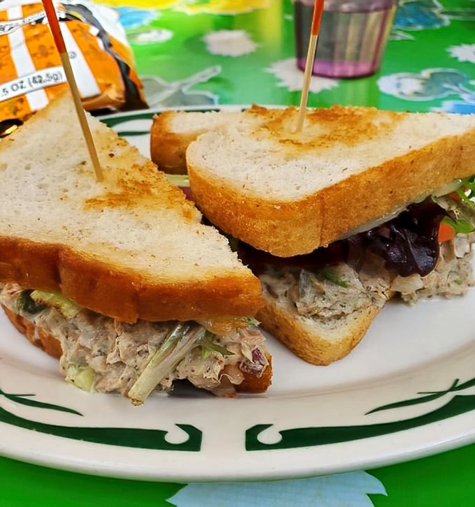 Behold the legendary tuna melt in all its glory! Chunky filling, perfectly toasted bread, and that hint of green peeking out—sandwich perfection exists.