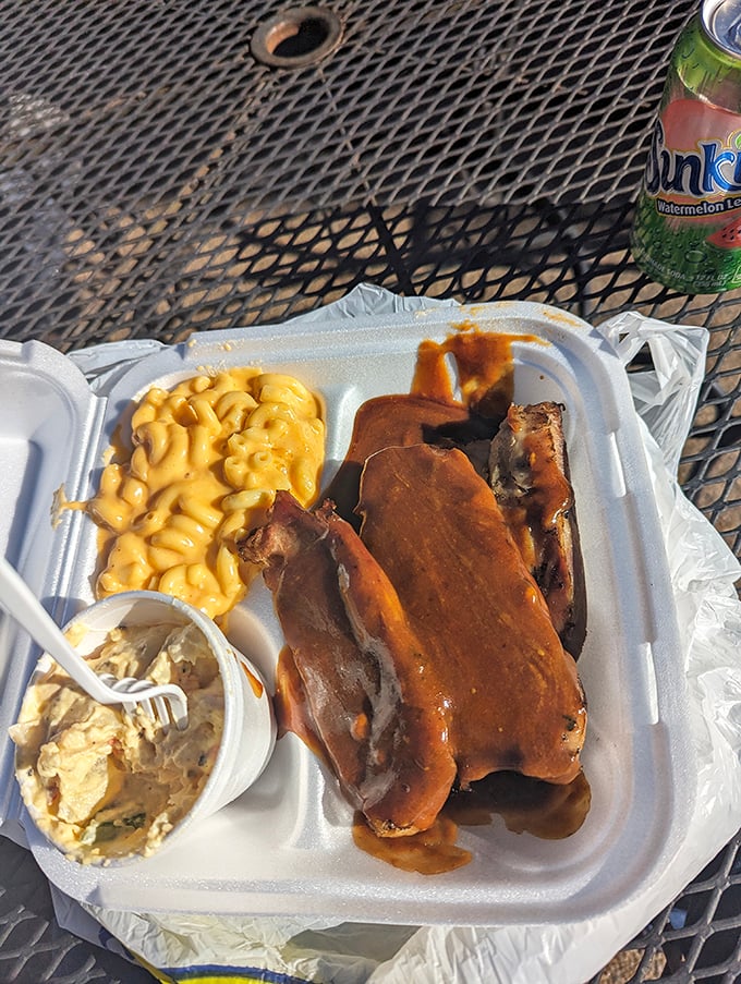Turkey ribs—the unsung hero of barbecue—glistening with sauce alongside creamy mac and cheese. This is what food dreams are made of.