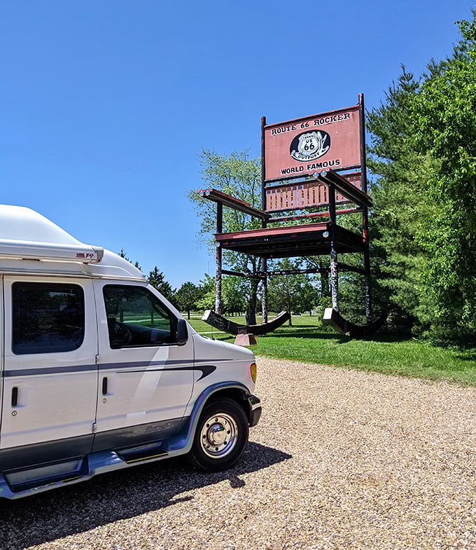 Road trippers in their camper vans have a kindred spirit in the Red Rocker—both represent the freedom of the open road, just at dramatically different scales.