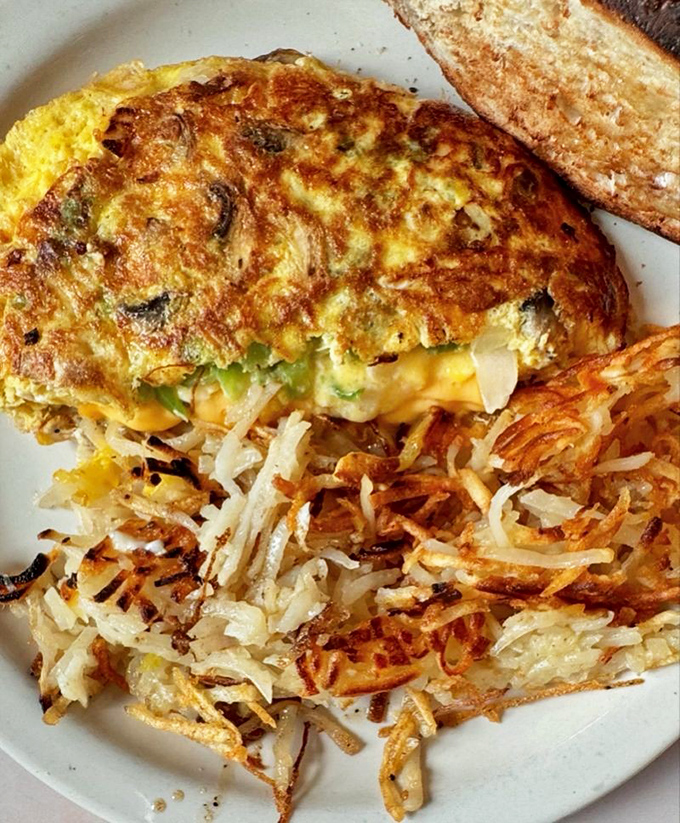 Behold the star attraction—a veggie omelet that achieves breakfast perfection. Those crispy hash browns deserve their own fan club.