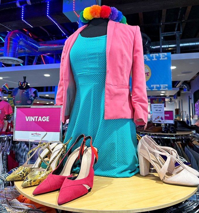 This color-coordinated outfit display proves thrifting isn't just economical—it's a legitimate fashion strategy. Those heels would cost triple elsewhere!