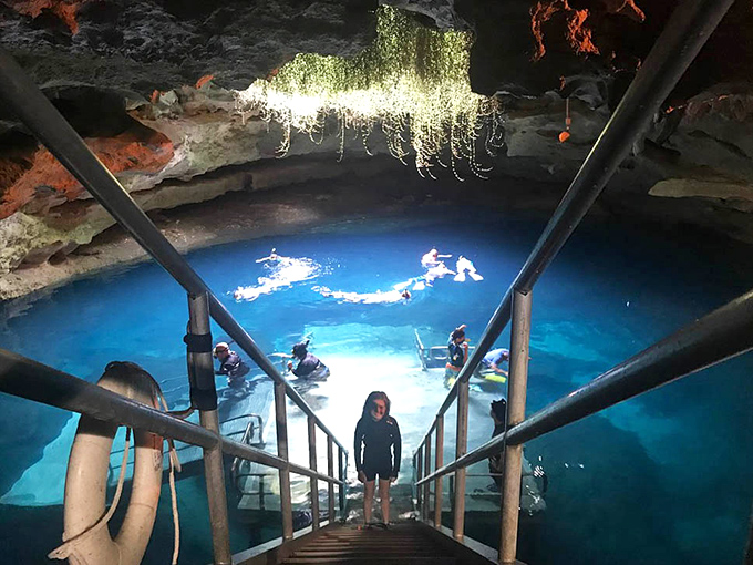 Explorers descend into the crystal-clear waters while hanging vines create a Jurassic Park vibe—minus the velociraptors, thankfully.