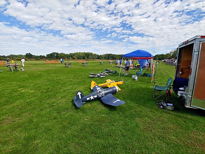Weekend warriors unite! The park's open fields become a playground for model airplane enthusiasts, proving fun doesn't need Wi-Fi.