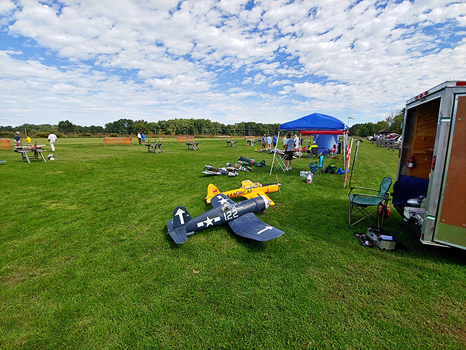 Weekend warriors unite! The park's open fields become a playground for model airplane enthusiasts, proving fun doesn't need Wi-Fi.
