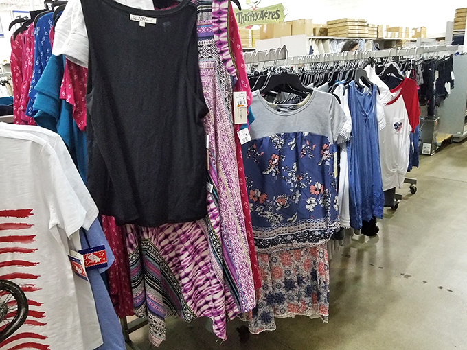 Women's apparel hangs ready to transform wardrobes without requiring a second mortgage payment.
