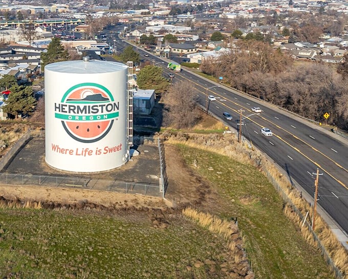 The iconic Hermiston water tower proudly displays the town's watermelon heritage. "Where Life is Sweet" isn't just a slogan—it's a lifestyle.