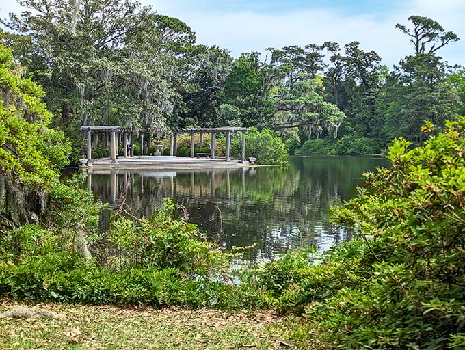 Reflections dance across Bradley Creek as the pergola creates a perfect postcard moment. Mother Nature showing off her architectural portfolio.