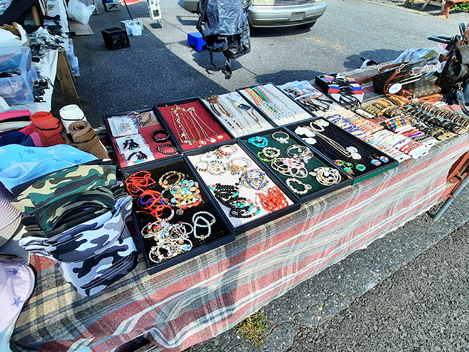 Jewelry hunters paradise! Trays of vintage brooches and contemporary beads sit side by side, like a timeline of American fashion sensibilities.