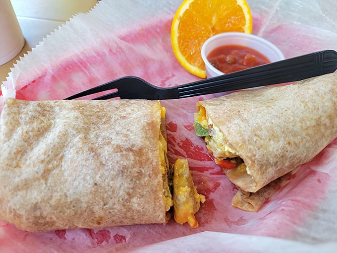 The legendary breakfast burrito in all its glory—where eggs, cheese, and veggies unite in a tortilla embrace that's worth waking up for.