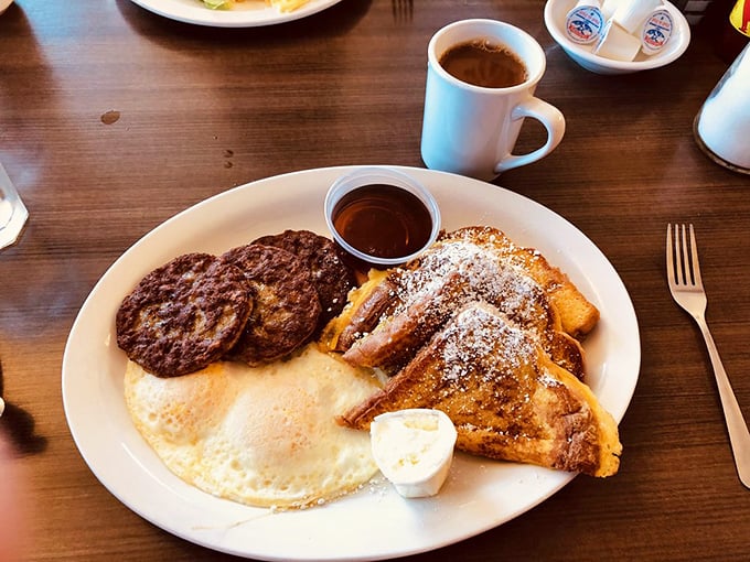 Breakfast perfection doesn't need fancy ingredients—just perfectly executed classics like these golden French toast triangles and eggs that know exactly when to stop cooking.