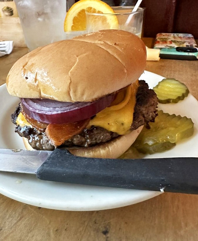 This isn't just a cheeseburger—it's a masterpiece of beef, cheese, and pickle architecture. The kind of burger that makes conversation stop mid-sentence.