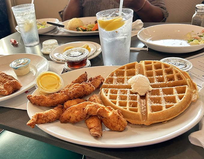 Chicken and waffles: where crispy, golden poultry meets fluffy, maple-kissed waffle in a romance that would make Shakespeare weep.
