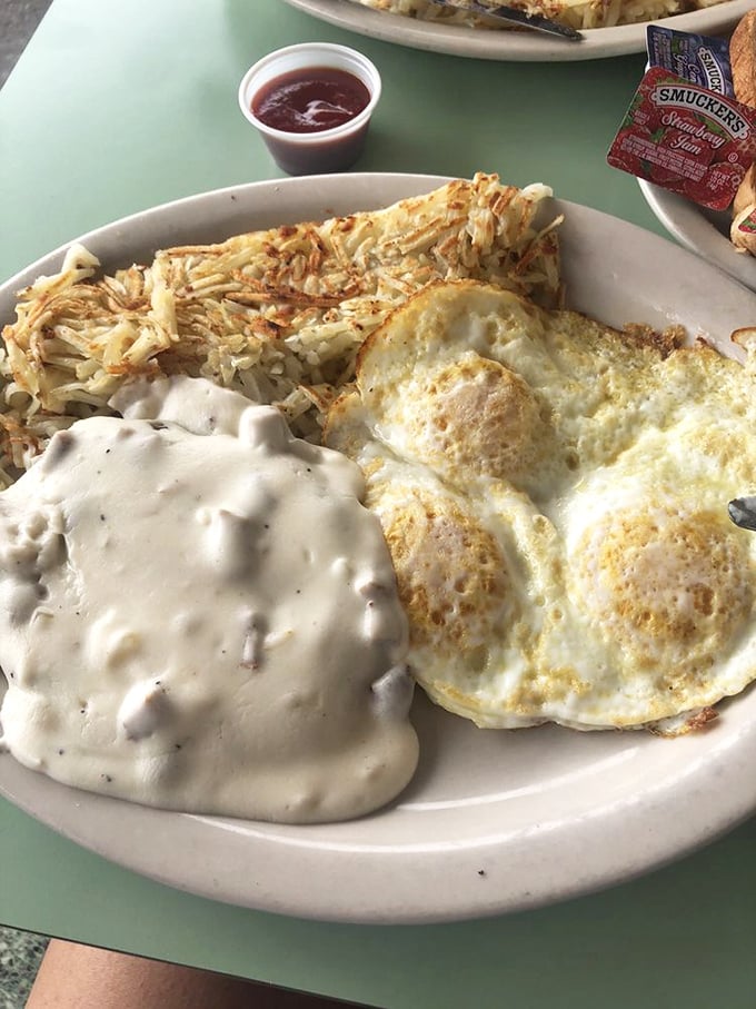 Biscuits and gravy that would make your grandmother both proud and jealous. That pepper-speckled country gravy is practically a food group unto itself.