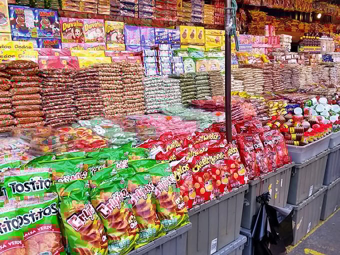 Snack heaven! Mountains of colorful Mexican treats create a landscape of sweet, spicy, and tangy temptations.