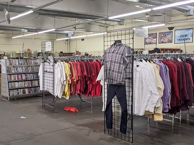 Racks on racks on racks. The clothing section is like a textile time machine—yesterday's fashion trends waiting for tomorrow's creative minds.