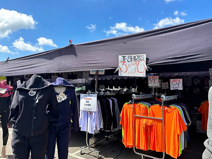 "Three for $10!" The universal language of a deal beckons shoppers to these colorful racks of casual wear.