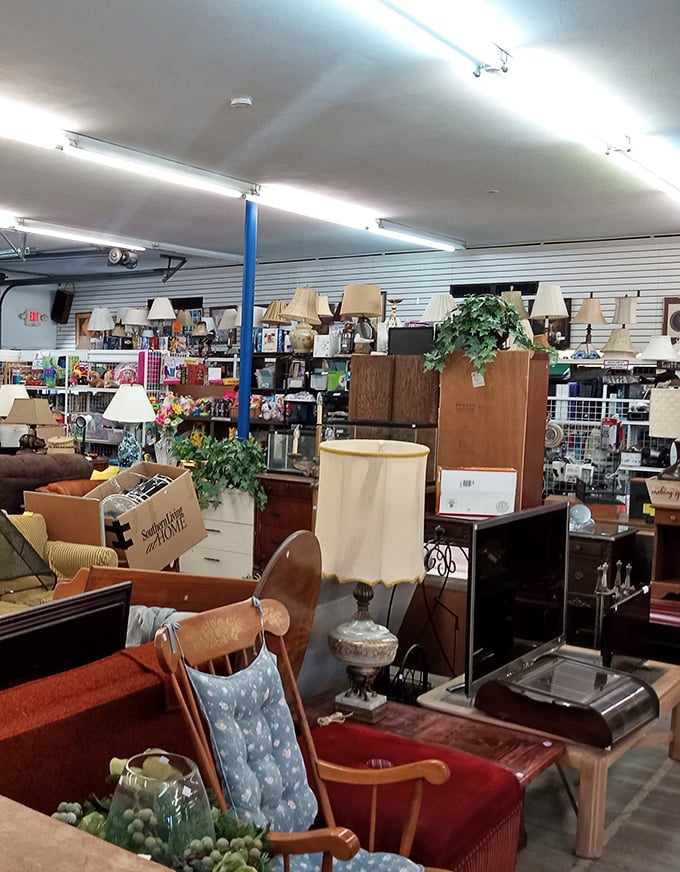 Lamps, furniture, and home décor create a maze of possibility. It's like someone deconstructed a Pottery Barn and reassembled it at quarter price.