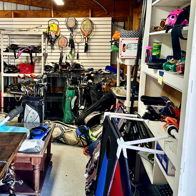 The sporting goods section could outfit an entire country club. Those tennis rackets are just waiting for their second serve at life.