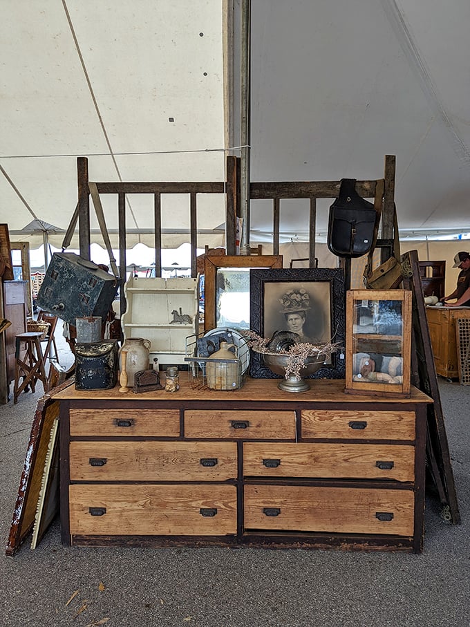 Rustic wooden drawers tell stories of farmhouse kitchens past. That patina isn't manufactured—it's the real deal, earned one decade at a time.