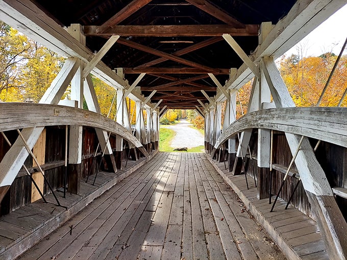 Fall's golden palette frames the bridge's wooden pathway. Walking through feels like strolling through a living postcard of Americana.