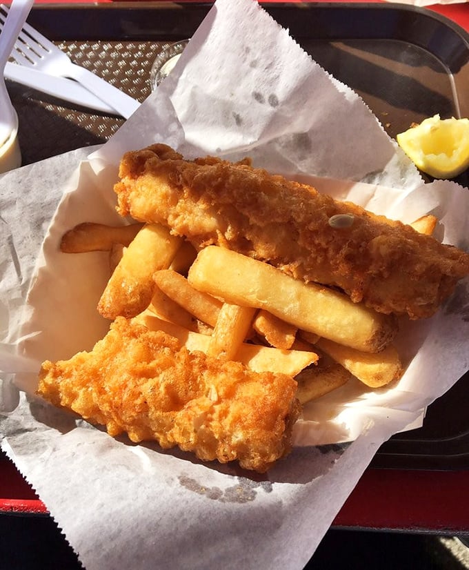 Golden-battered perfection arrives in a humble basket – this is what fish and chips dream of becoming.