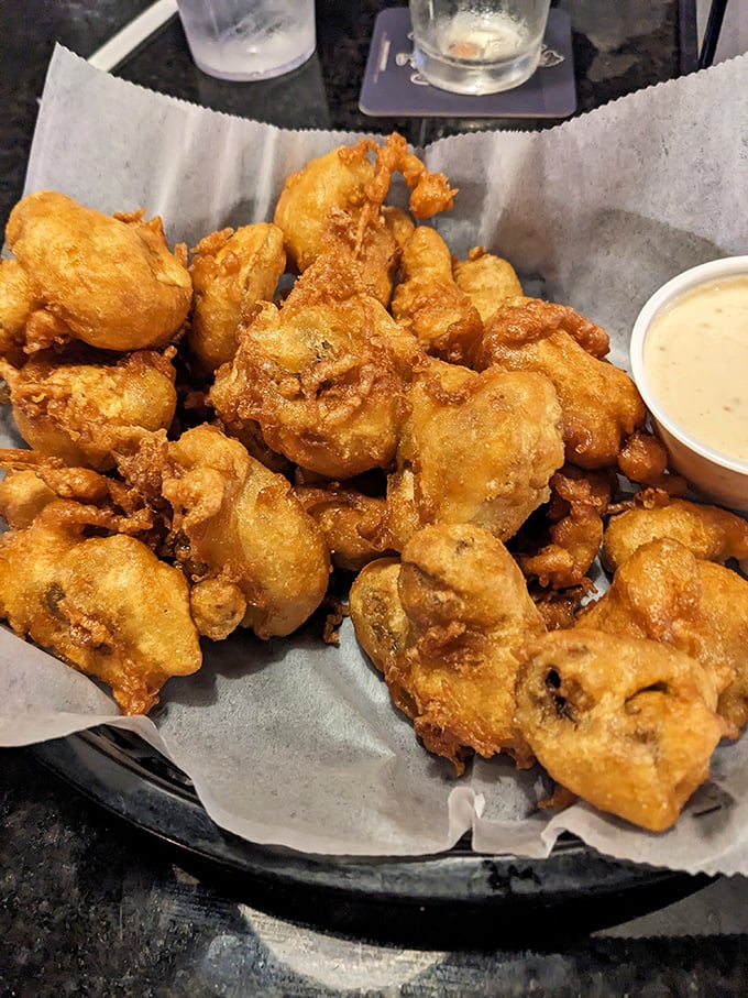 Golden, crispy perfection – these legendary fried mushrooms might be the only food worth driving across county lines for, no parole required.
