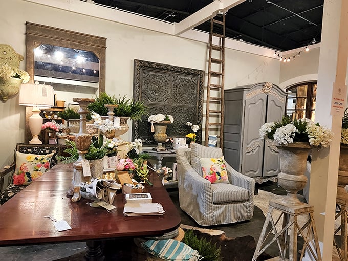 Garden dreams bloom year-round in this display where weathered urns, fresh flowers, and timeworn furniture create an indoor Eden.