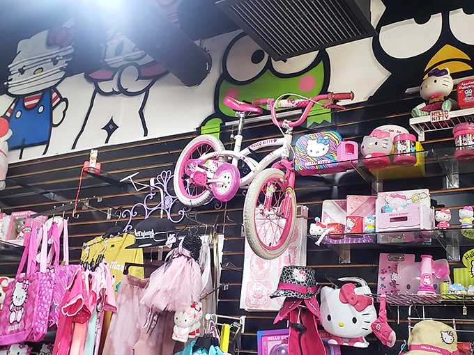 Hello Kitty heaven! This pink paradise would make even the most serious collector squeal with delight. Childhood dreams stacked floor to ceiling.